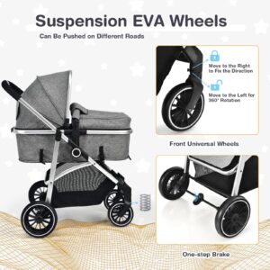 BABY JOY 2 in 1 Convertible Baby Stroller, High Landscape Baby Stroller w/Reversible Seat, Removable Footmuff, Adjustable Backrest & Canopy, Foldable Infant Pram Stroller for 0-36 Months Babies, Gray