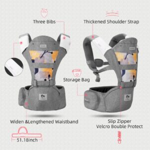 Baby Carrier, Bellababy Multifunction Baby Carrier Hip Seat (Ergonomic M Position) for 3-36 Month Baby, 6-in-1 Ways to Carry, All Seasons, Adjustable Size, Perfect for Shopping Travelling (Grey)