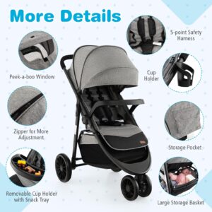 BABY JOY Jogging Stroller, Jogger Travel System with 5-Point Safety Harness, Adjustable Canopy/Backrest/Footrest, Storage Basket & Pocket, Lightweight Baby Stroller for Newborn Toddlers (Gray)