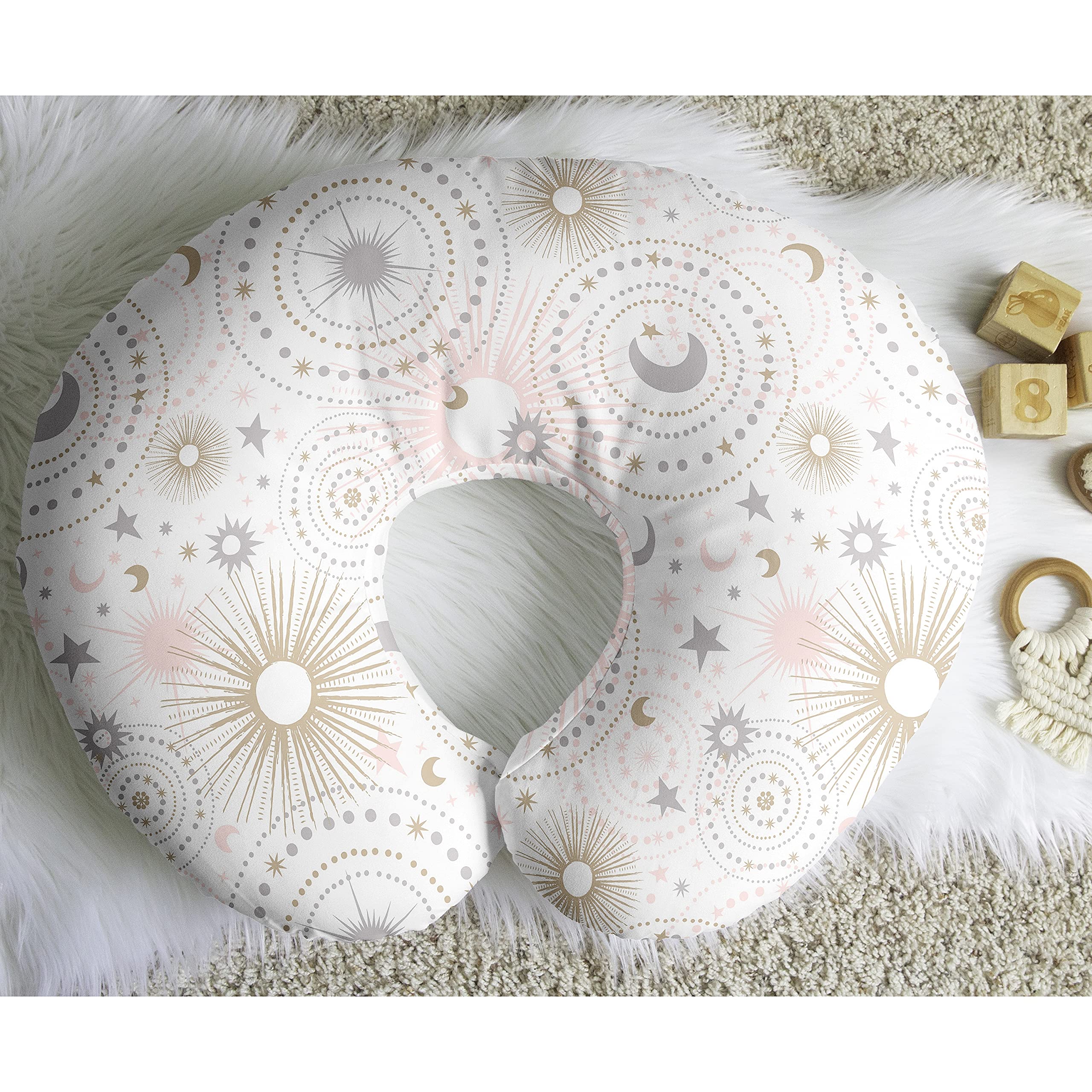 Sweet Jojo Designs Star and Moon Nursing Pillow Cover Breastfeeding Pillowcase for Newborn Infant Bottle or Breast Feeding (Pillow NOT Included) - Blush Pink Gold and Grey Celestial Sky Stars