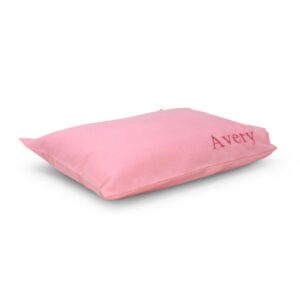 urban infant pipsqueak small | tiny | mini pillow with name tag - 11in x 7in x 2.5in - machine washable - white pillow with personalized pink case