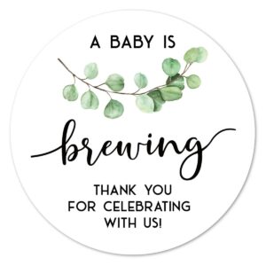 greenery a baby is brewing thank you stickers, 2 inch baby shower party favor labels 40-pack