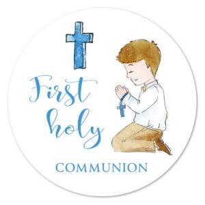 blue first holy communion stickers, 2 inch boy religious favor stickers labels 40-pack