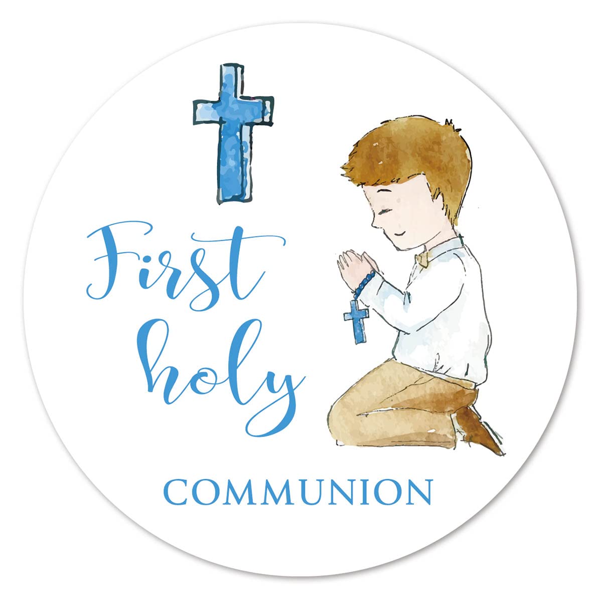 Blue First Holy Communion Stickers, 2 Inch Boy Religious Favor Stickers Labels 40-Pack