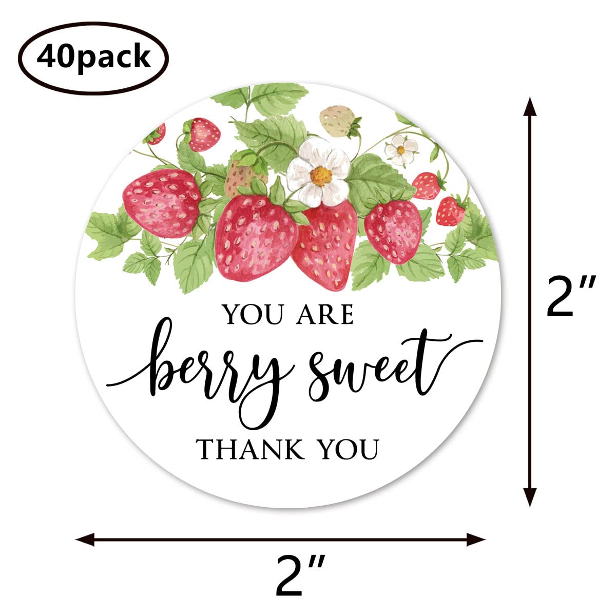 Strawberry Thank You Stickers, 2 Inch Sweet Baby Shower Birthday Party Favor Labels 40-Pack