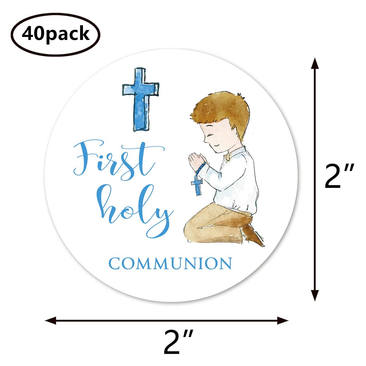 Blue First Holy Communion Stickers, 2 Inch Boy Religious Favor Stickers Labels 40-Pack