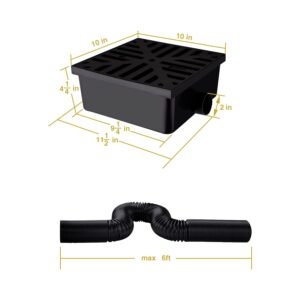 10X10in No Dig Low Profile Catch Basin with 2" Flexible Pipe Kit, Black