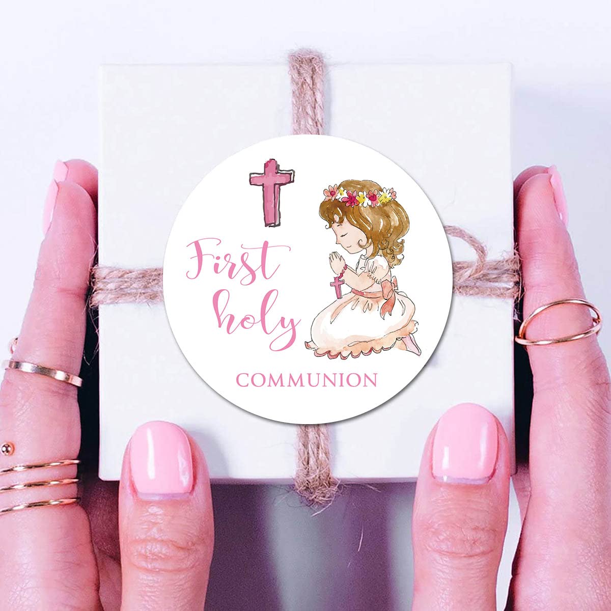 Pink First Holy Communion Stickers, 2 Inch Girl Religious Favor Stickers Labels 40-Pack