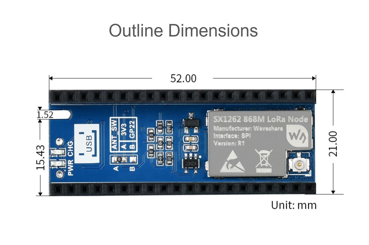 TOP1 SX1262 LoRa Node Module for Raspberry Pi Pico Series Boards, 902~930MHz Frequency Band, Support LoRaWAN Protocol, Support FSK/GFSK/LoRa Modulations (Pico-LoRa-SX1262-915M)