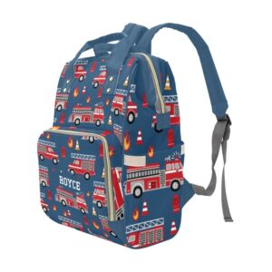 Liveweike Fire Trucks Car Dark Blue Personalized Diaper Bag Backpack Custom Name Daypack Large Mommy Bags for Teen Girl Boy Student