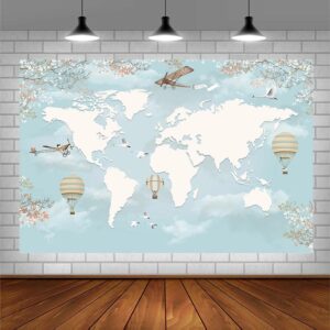 Sendy 7x5ft A New Adventure Begins Travel Backdrop Baby Shower Party Decorations for Boy World Map Around World Adventure Awaits Airplane Birthday Bridal Shower Photography Background Photo Banner