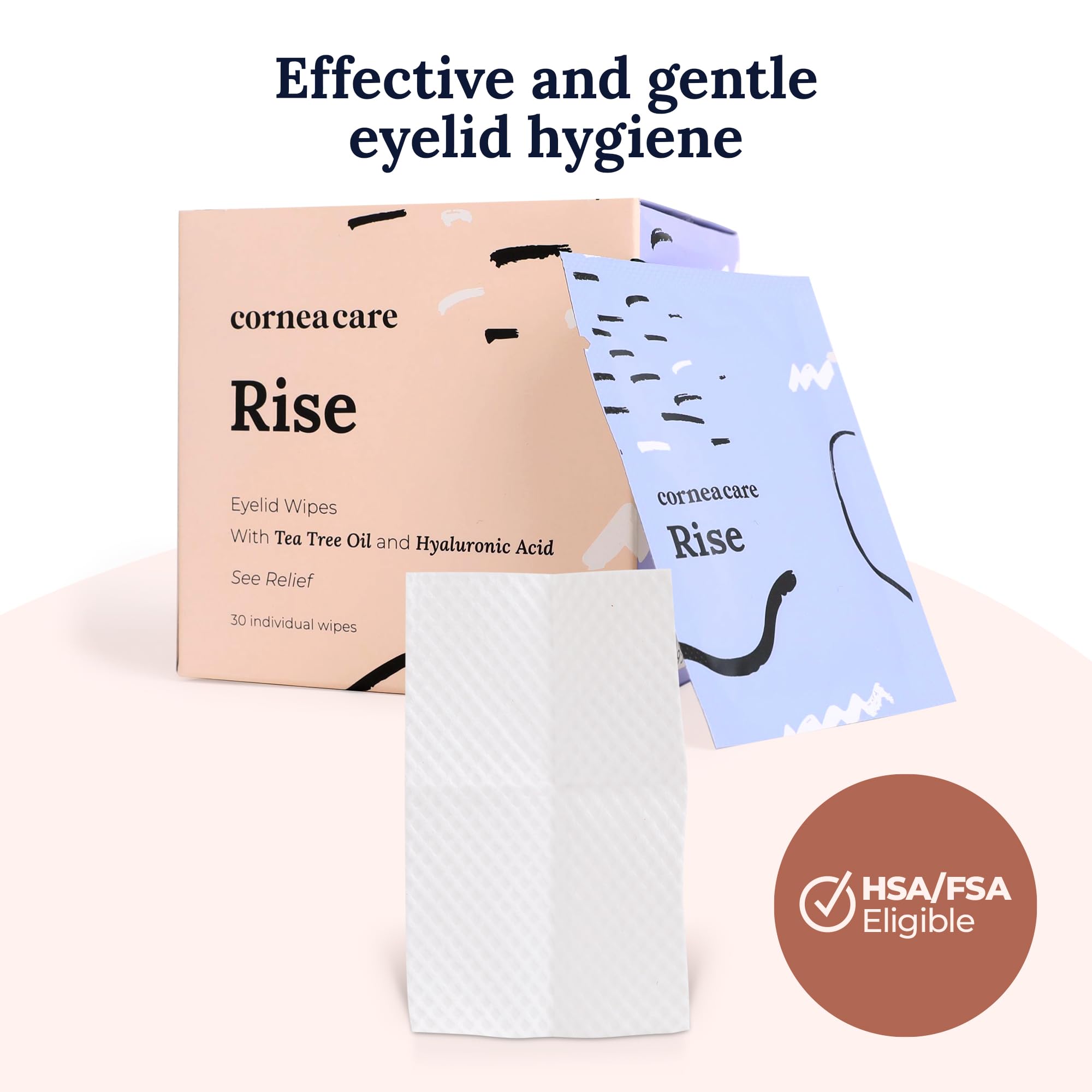 CorneaCare Rise - Eyelid Wipes, w/Tea Tree Oil & Hyaluronic Acid | Eyelid Wipe | Dry Eye Relief | Eye Wipes for Dry Eyes | Travel Ready | 30 Count | FSA & HSA Eligible