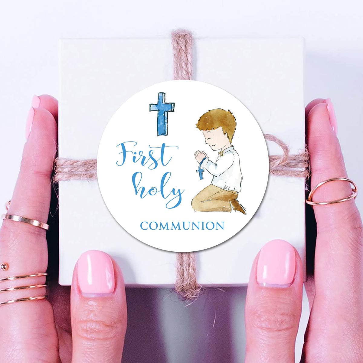 Blue First Holy Communion Stickers, 2 Inch Boy Religious Favor Stickers Labels 40-Pack