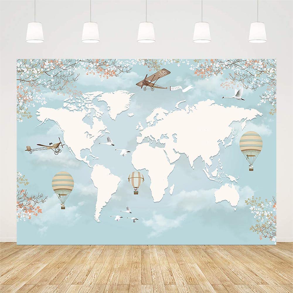 Sendy 7x5ft A New Adventure Begins Travel Backdrop Baby Shower Party Decorations for Boy World Map Around World Adventure Awaits Airplane Birthday Bridal Shower Photography Background Photo Banner