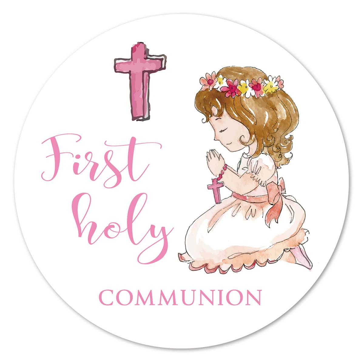 Pink First Holy Communion Stickers, 2 Inch Girl Religious Favor Stickers Labels 40-Pack