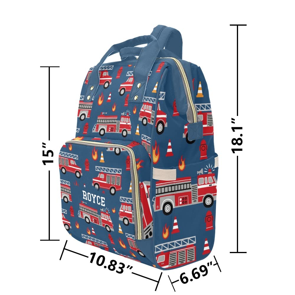 Liveweike Fire Trucks Car Dark Blue Personalized Diaper Bag Backpack Custom Name Daypack Large Mommy Bags for Teen Girl Boy Student