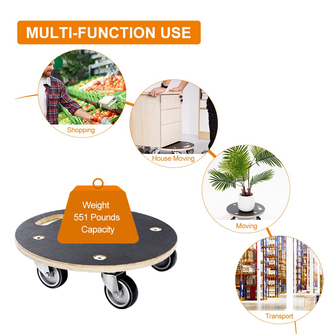 Double Rhombus Furniture Moving Dolly 2 Pack Round Wood Platform Dolly Cart 550 Lbs Capacity Heavy Duty Furniture Mover Carrier with 4 Wheels Small Flat Dolly for Moving Furniture Cabinet Sofa Fridge