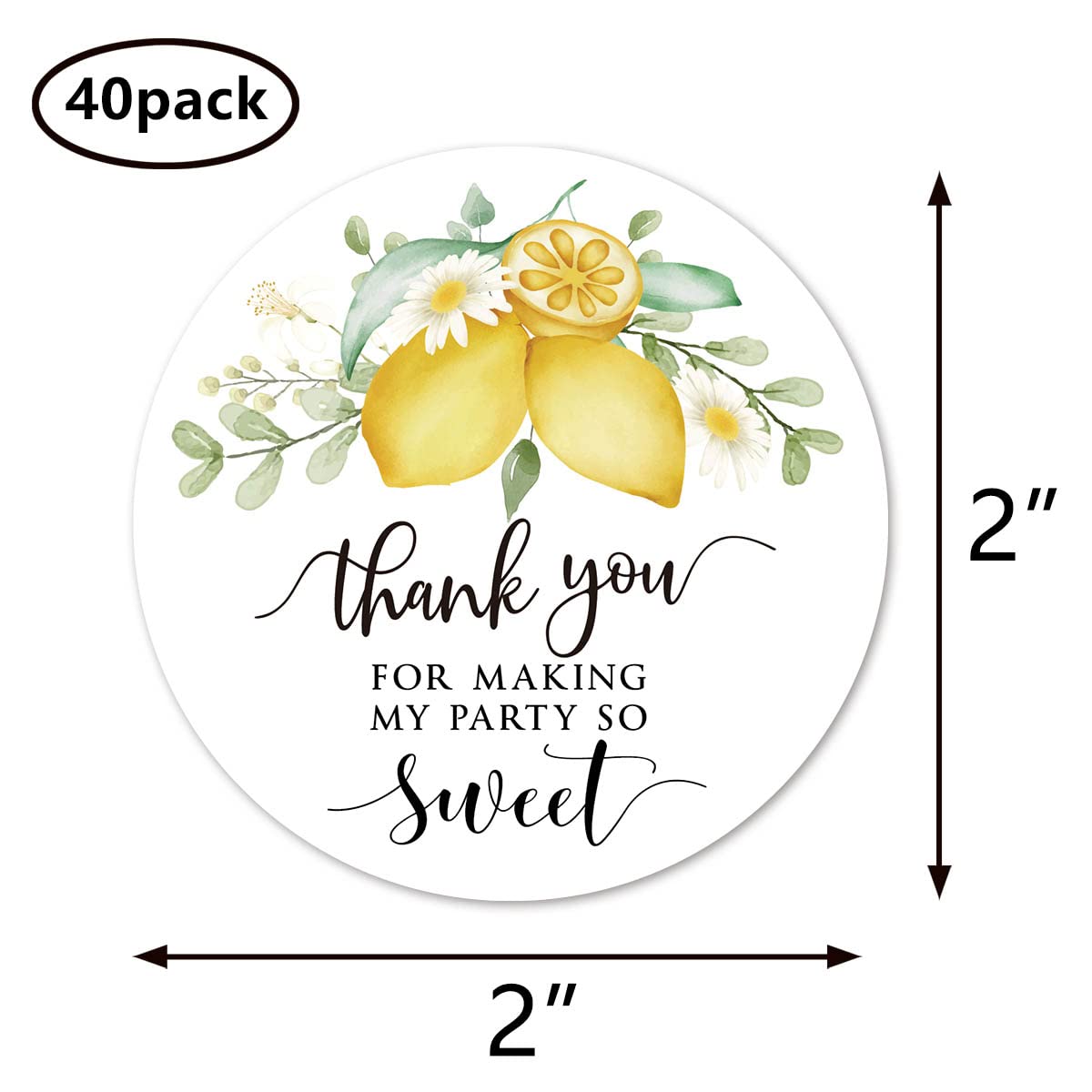 Lemon Thank You Sweet Stickers, 2 Inch Baby Shower Birthday Party Favor Labels 40-Pack