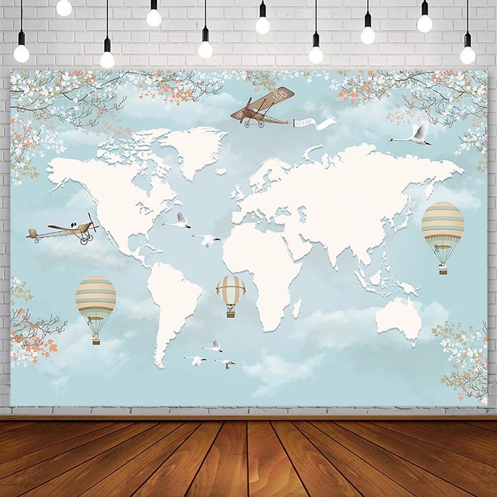 Sendy 7x5ft A New Adventure Begins Travel Backdrop Baby Shower Party Decorations for Boy World Map Around World Adventure Awaits Airplane Birthday Bridal Shower Photography Background Photo Banner