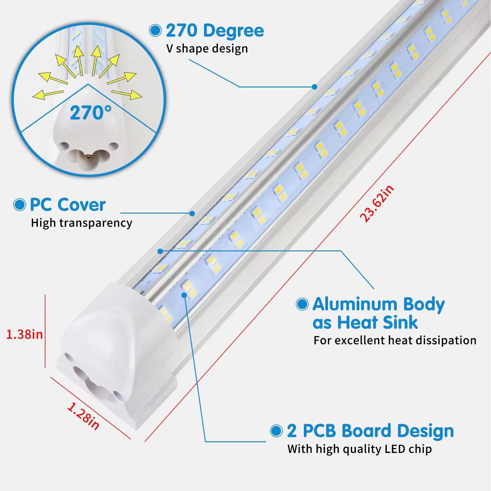 AQIQUUT Led Shop Light 2ft, Led Shop Light,25W 6500K 3200LM Clear Cover,T8 LED Light Fixture,Ceiling and Utility Shop Lights, Linkable Light Fixture for Room, Garage, Workbench, Warehouse(2-Pack)