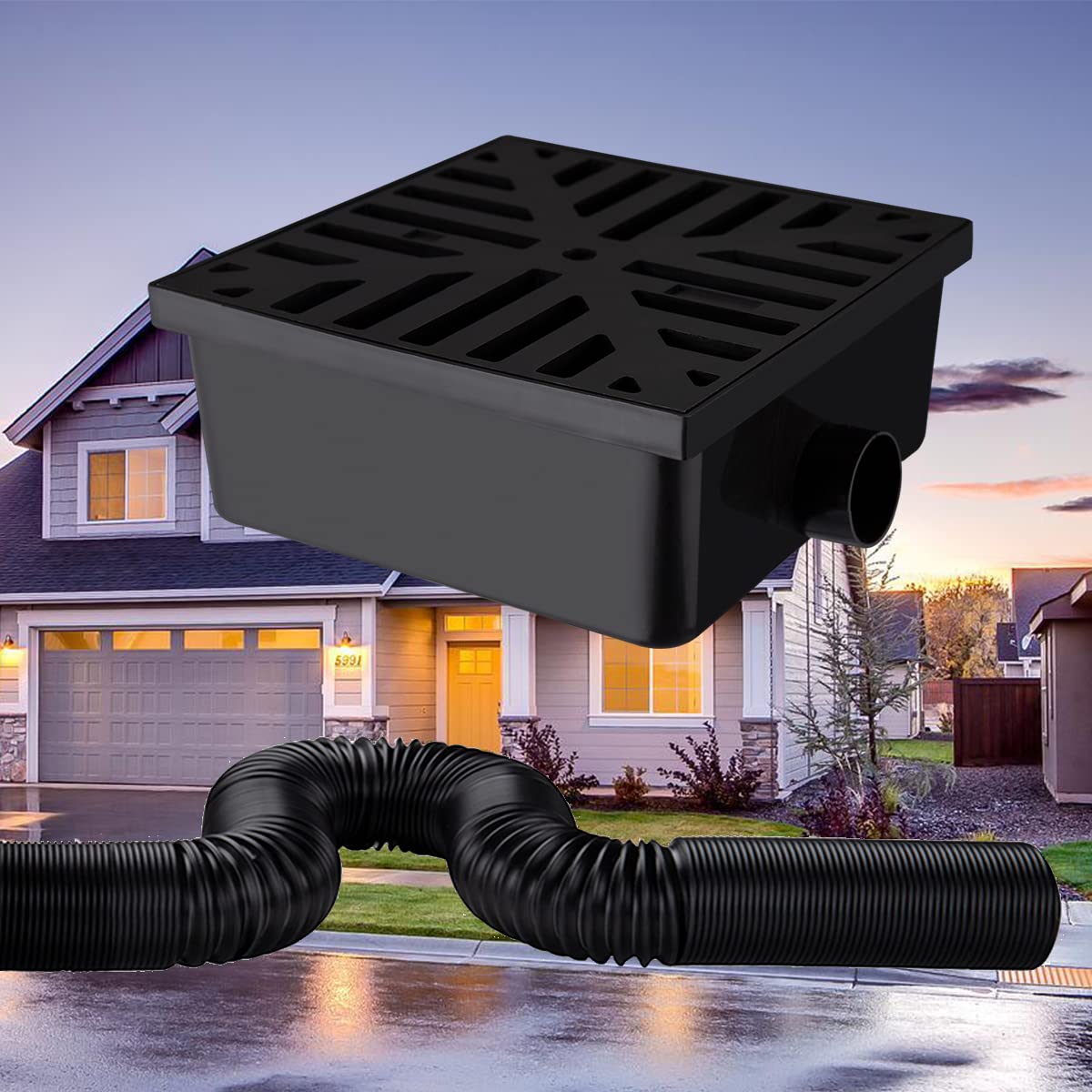 10X10in No Dig Low Profile Catch Basin with 2" Flexible Pipe Kit, Black