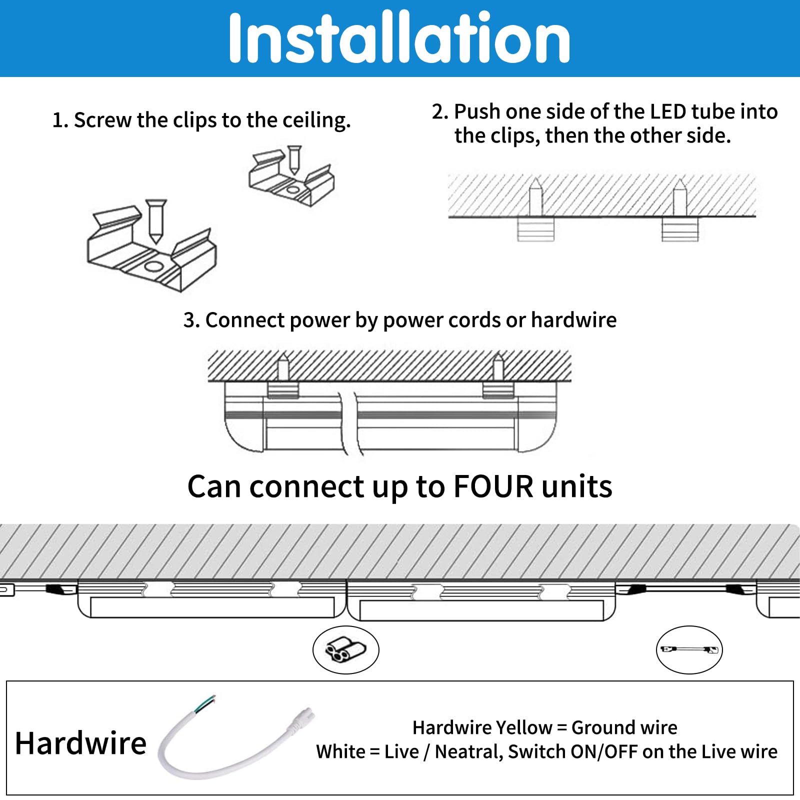 AQIQUUT Led Shop Light 2ft, Led Shop Light,25W 6500K 3200LM Clear Cover,T8 LED Light Fixture,Ceiling and Utility Shop Lights, Linkable Light Fixture for Room, Garage, Workbench, Warehouse(2-Pack)