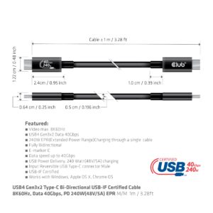 Club 3D CAC-1576 USB4 Gen3x2 Type C to Type C Bi-Directional Cable with 240W Charging, 40Gbps Data Transmission and Supports 8K60Hz Video 1m - 3,28ft