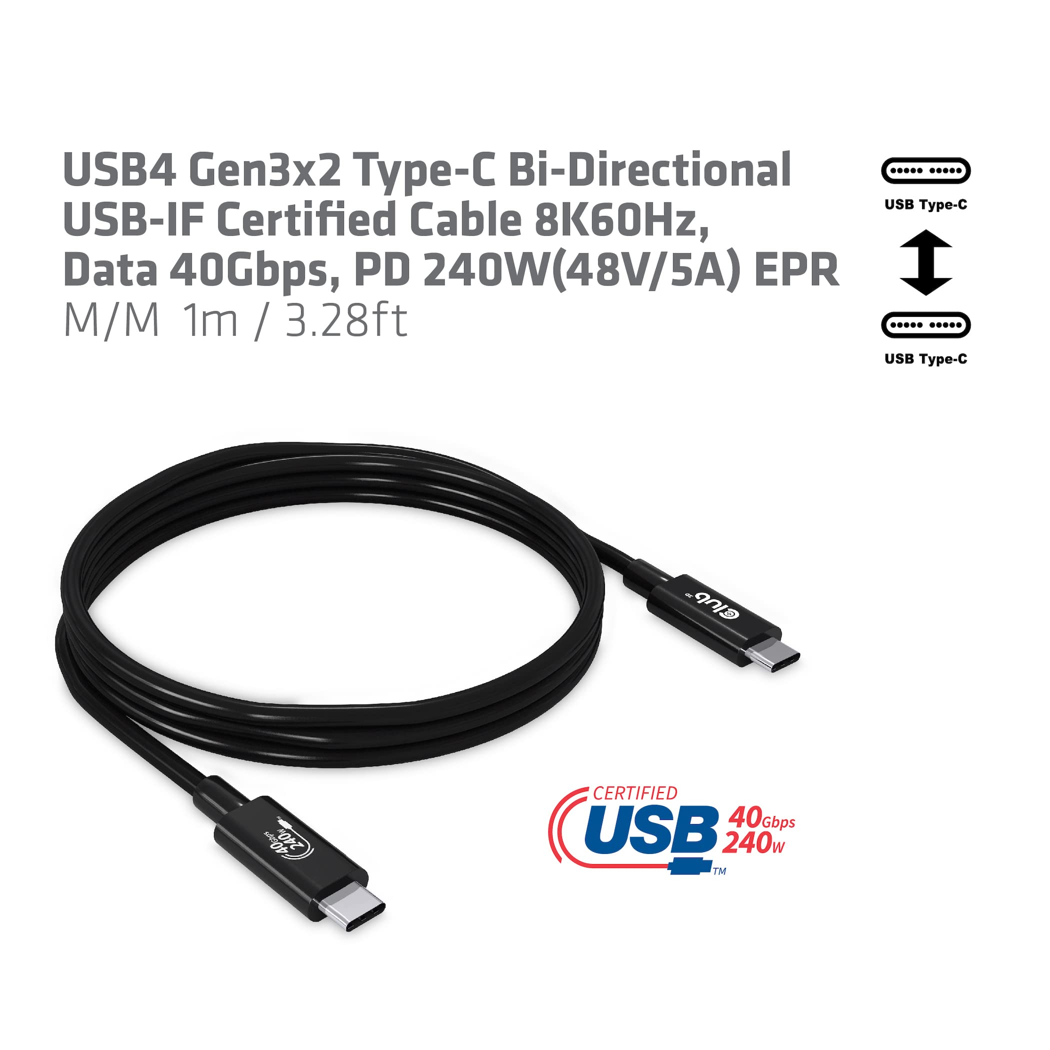 Club 3D CAC-1576 USB4 Gen3x2 Type C to Type C Bi-Directional Cable with 240W Charging, 40Gbps Data Transmission and Supports 8K60Hz Video 1m - 3,28ft