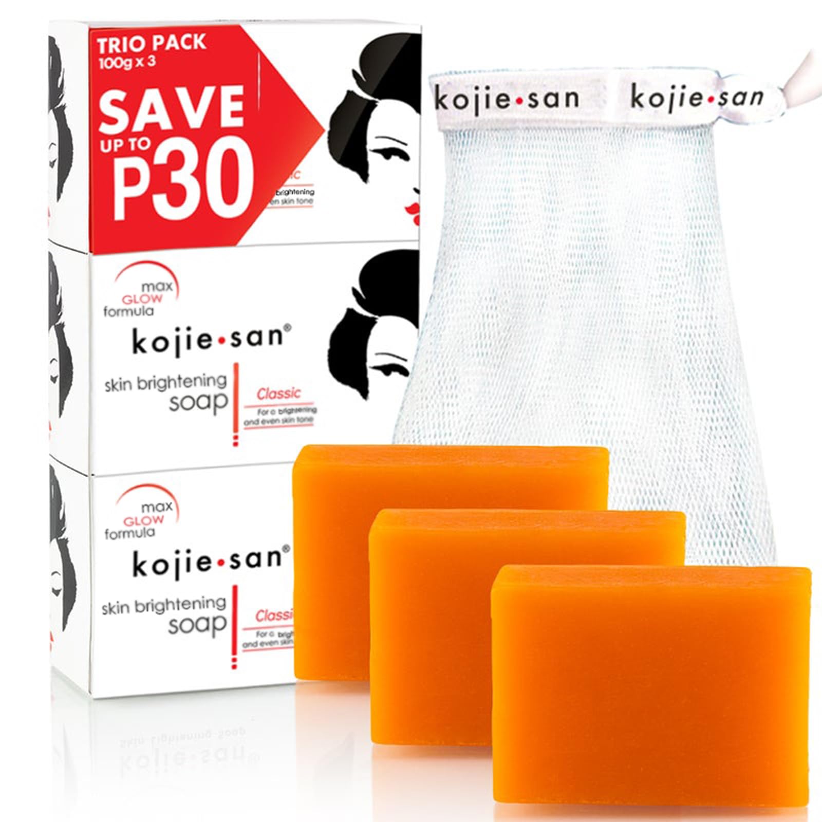 Kojie San Skin Brightening Soap – The Original Kojic Acid, Dark Spot Remover Bar Soap with Coconut & Tea Tree Oil – 100g x 3 Bars with Net