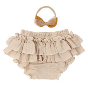 hoolchean baby girls cotton gauze ruffle bloomer shorts with bowknot headband (khaki, s: 0-6 months)