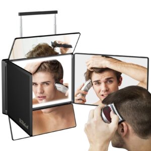 uhdod 5 way mirror for hair cutting with led light, 360° barber mirrors with adjustable height brackets, makeup mirror for self cut, shaving, grooming, good gifts for men women