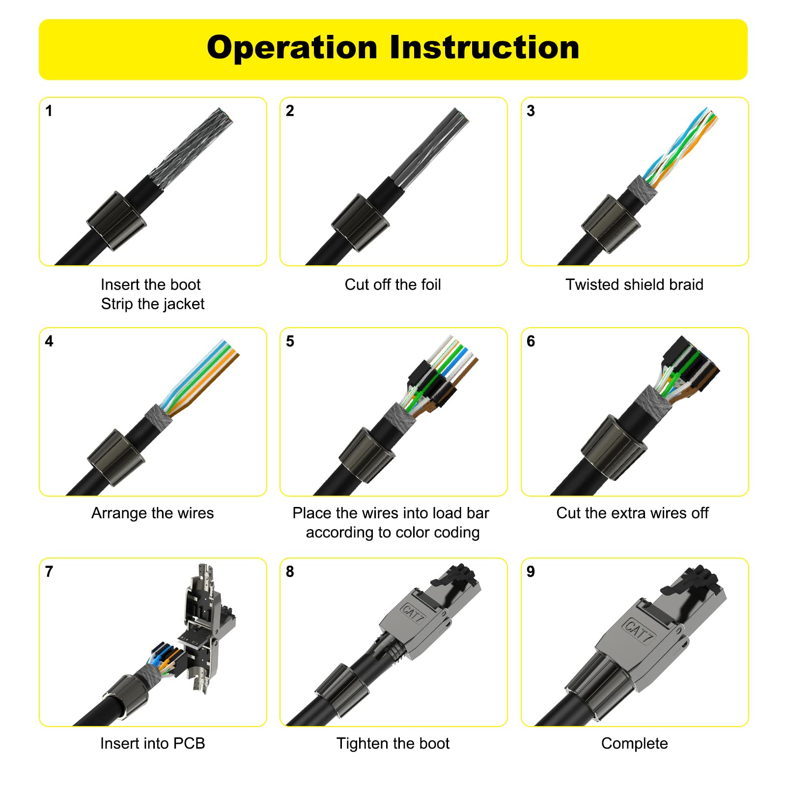 VCELINK RJ45 Connectors Tool Free Cat 7, Shielded RJ45 Modular Plugs 10 Gbps 600MHz PoE++, Reusable Easy CAT7 Ends for 23 AWG-22 AWG LAN Cable, 2-Pack