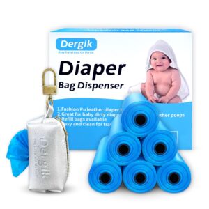 dergik leather diaper bag dispenser | 105 diaper bags disposable (7 refills) for baby and toddler poop or dirty clothes, dirty paper towels | portable travel essential and on the go, silver