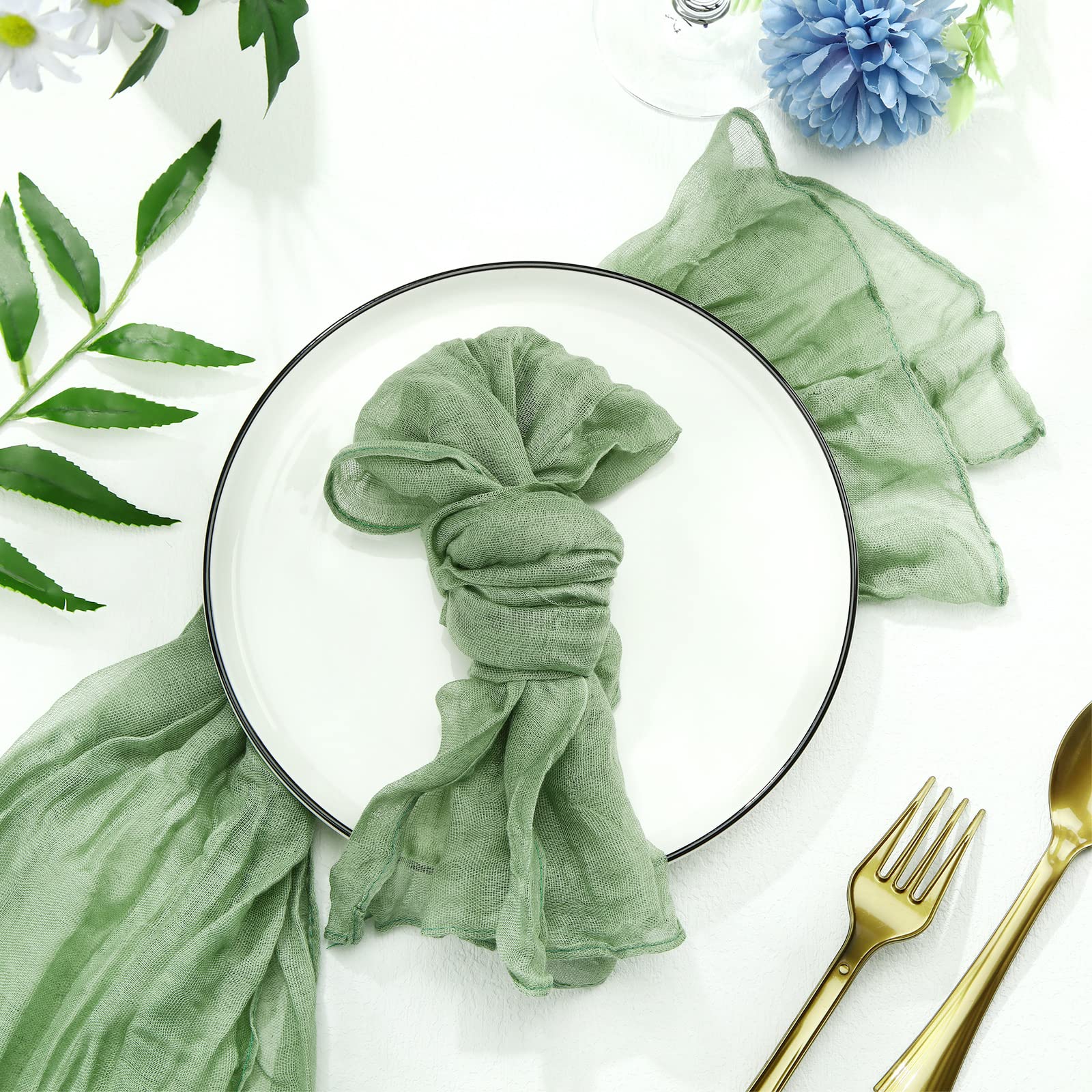 Gauze Cheesecloth Napkins Wrinkled Dinner Napkins Soft Cotton Table Napkins Decorative Cloth Napkins for Weddings Parties Family Everyday Use, 20 x 20 Inch (Sage Green, 12 Packs)