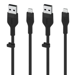 belkin boostcharge flex silicone usb type a to lightning cable (1m/3.3ft), mfi certified charging cable for iphone 13, 12, 11, pro, max, mini, se, ipad and more, 2-pack, black