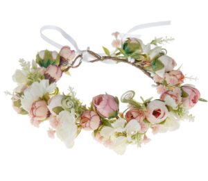 funsveta baby girls flower crown flower girl headpiece boho little wreaths for weddings, family photography (flower pink)