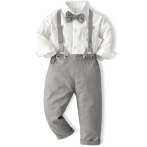 alintu toddler dress clothes, long sleeve dress shirt + suspender pants set, gentleman outfits for boys, grey, 2-3t = tag 100