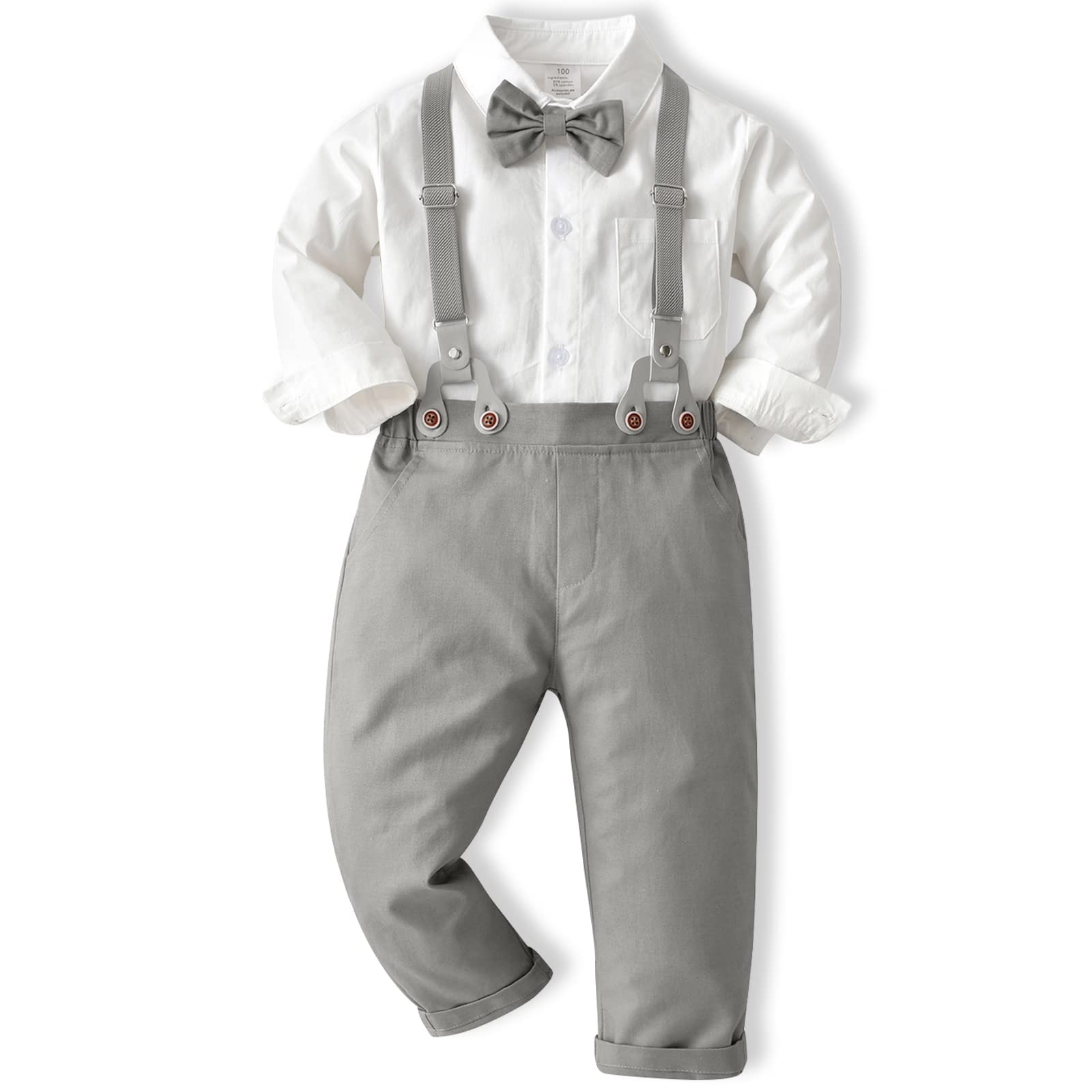 ALINTU Toddler Dress Clothes, Long Sleeve Dress Shirt + Suspender Pants Set, Gentleman Outfits for Boys, Grey, 2-3T = Tag 100