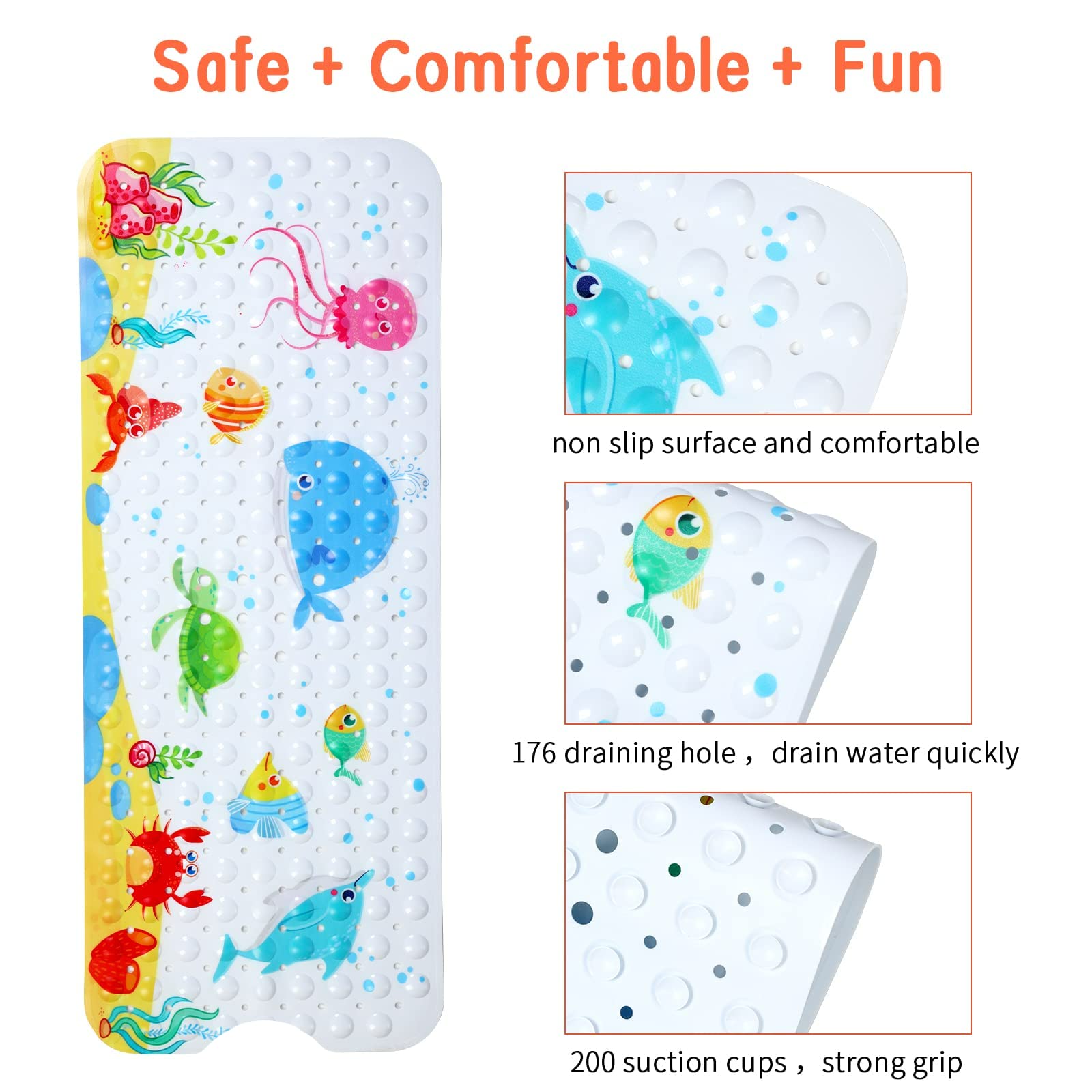 Baby Bath Mat for Tub for Kids, 40in x 16in Non Slip Cartoon Bath Tub Shower Mat Anti Slip with Drain Holes and Suction Cups Machine Washable, Little Whale