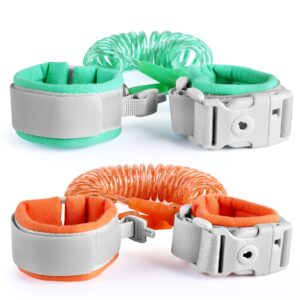 anti lost wrist link with key unlock 2 pack (4.92ft green+8.2ft orange) toddler wrist leash for kids child safety harness with reflective strip