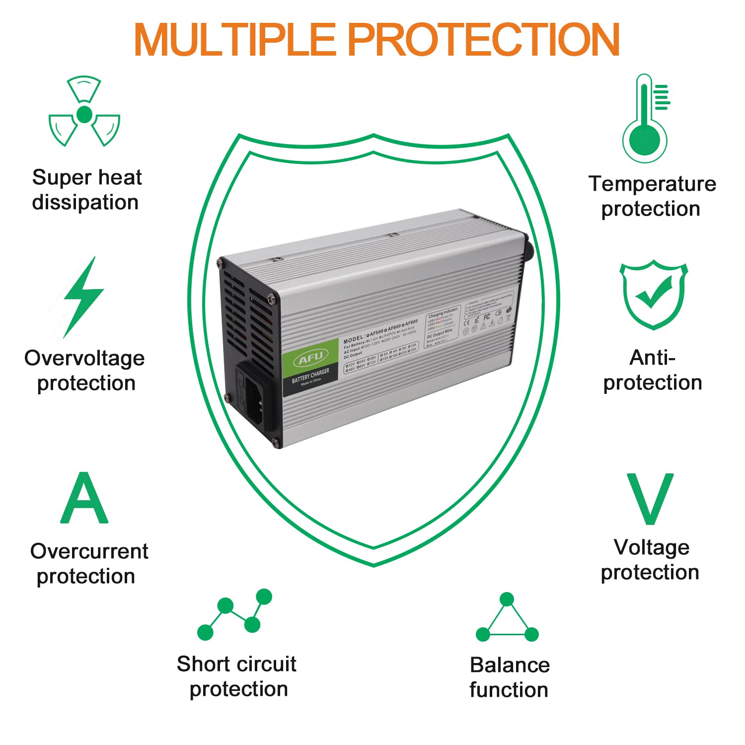 AFU 84V 6A Li-ion Battery Charger Silver Aluminum Case Safe and Durable Used for 20S 72V Lithium Battery Smart Charger DC Output GX16 1+3- Ping Connector