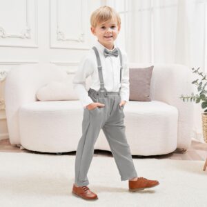 ALINTU Toddler Dress Clothes, Long Sleeve Dress Shirt + Suspender Pants Set, Gentleman Outfits for Boys, Grey, 2-3T = Tag 100