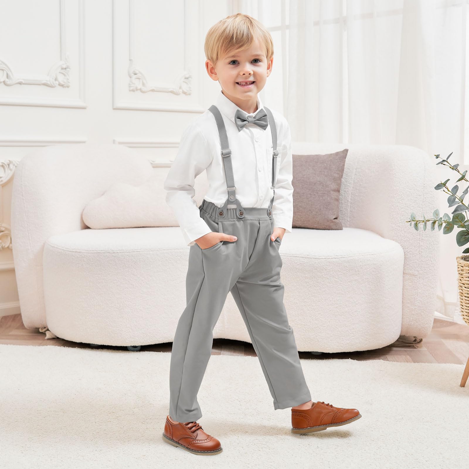 ALINTU Toddler Dress Clothes, Long Sleeve Dress Shirt + Suspender Pants Set, Gentleman Outfits for Boys, Grey, 2-3T = Tag 100