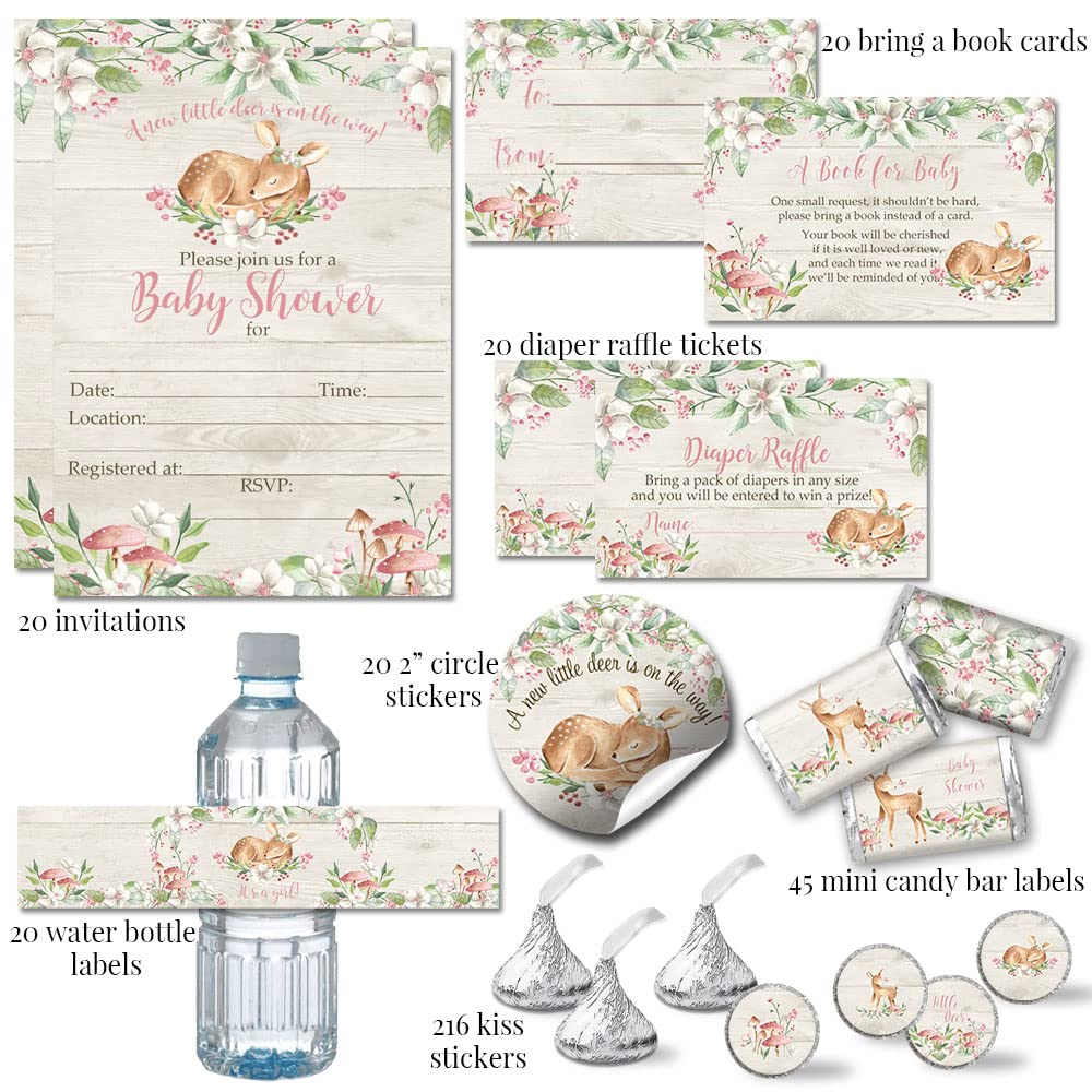 Amanda Creation Little Deer Woodland Girl Baby Shower Party Bundle Includes 20 each of Invitations with Envelopes + 4 Different Sizes of Decorative Stickers, Diaper Tickets & Bring a Book Cards