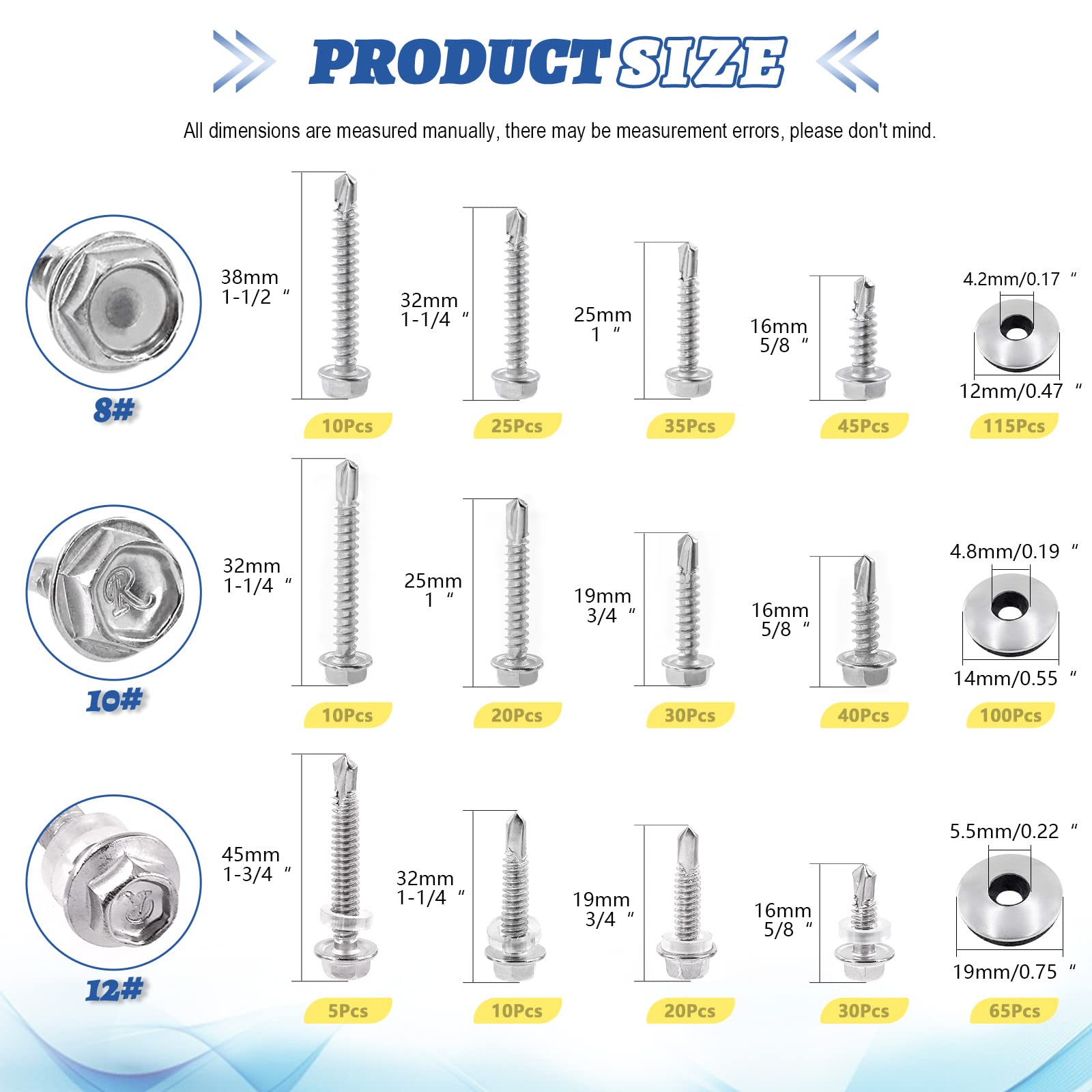 Glarks 560Pcs 410 Stainless Steel Hex Washer Head Sheet Metal Tek Self Drilling Screws and 304 Stainless Steel EPDM Bonded Sealing Washers Assortment Kit for Furniture Building Appliance Repair