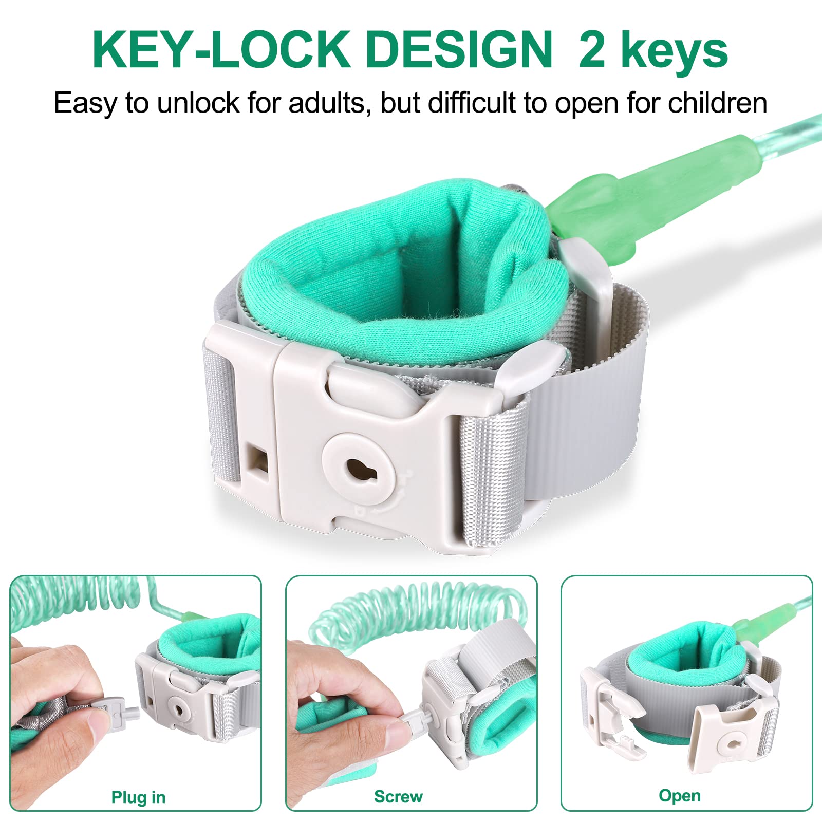 Anti Lost Wrist Link with Key Unlock 2 Pack (4.92ft Green+8.2ft Orange) Toddler Wrist Leash for Kids Child Safety Harness with Reflective Strip