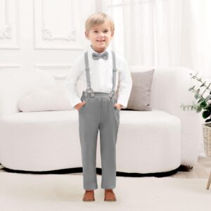 ALINTU Toddler Dress Clothes, Long Sleeve Dress Shirt + Suspender Pants Set, Gentleman Outfits for Boys, Grey, 2-3T = Tag 100