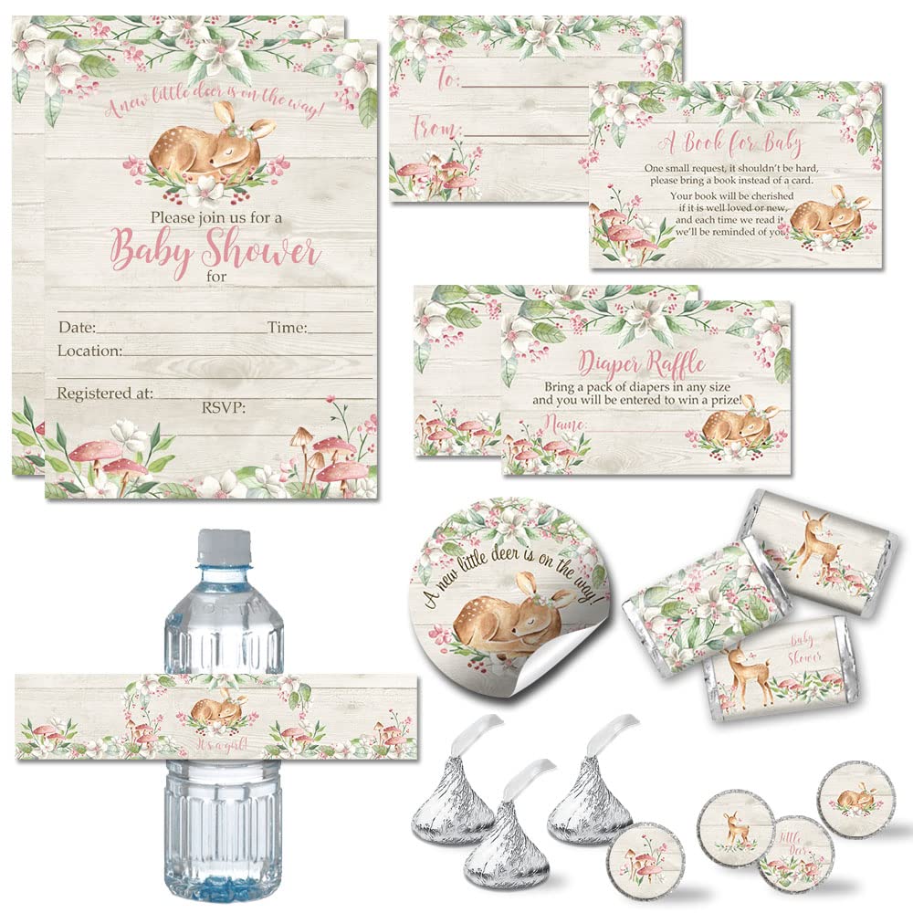 Amanda Creation Little Deer Woodland Girl Baby Shower Party Bundle Includes 20 each of Invitations with Envelopes + 4 Different Sizes of Decorative Stickers, Diaper Tickets & Bring a Book Cards