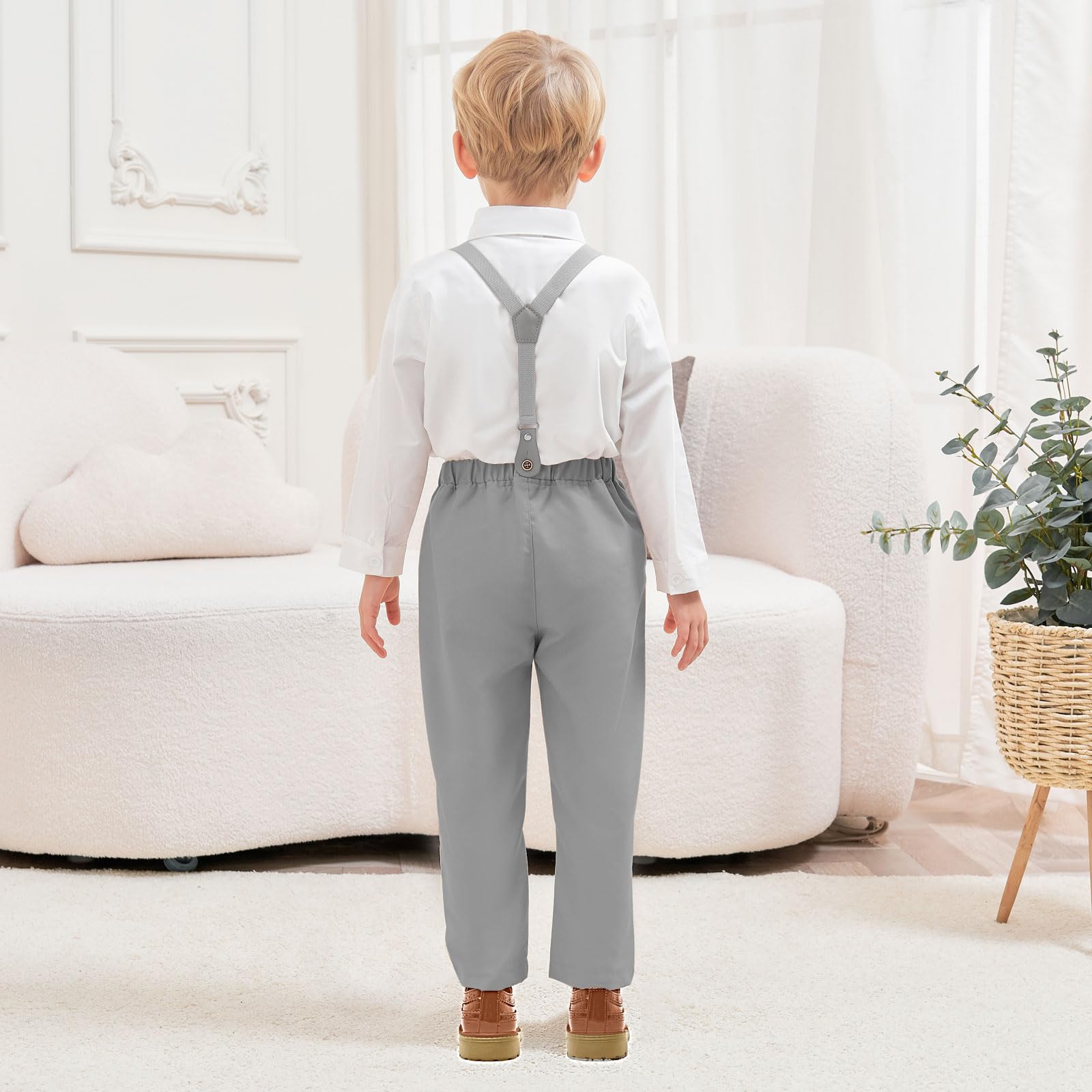 ALINTU Toddler Dress Clothes, Long Sleeve Dress Shirt + Suspender Pants Set, Gentleman Outfits for Boys, Grey, 2-3T = Tag 100