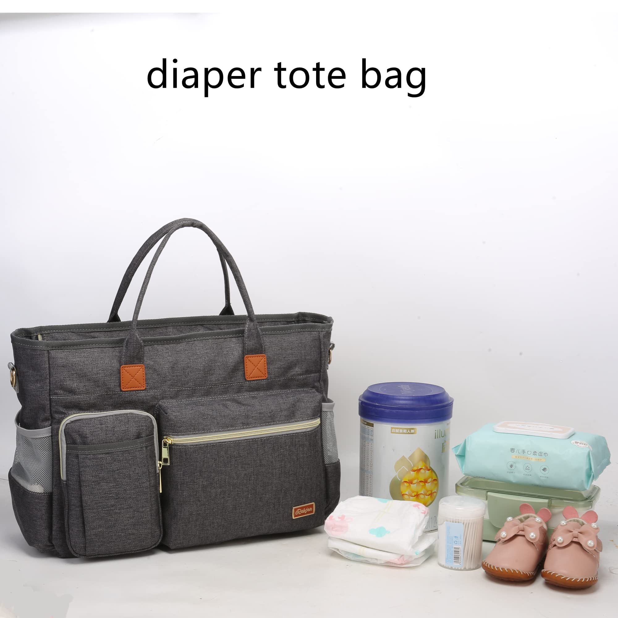 Rabjen Diaper Bag Tote, Large Travel Multifunction Baby Bag with Insulated Pockets Padded Sleeve for up to 15.7’’ Laptop